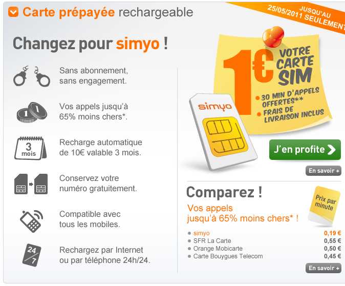 puce sim mobile à 1 euro sans engagement