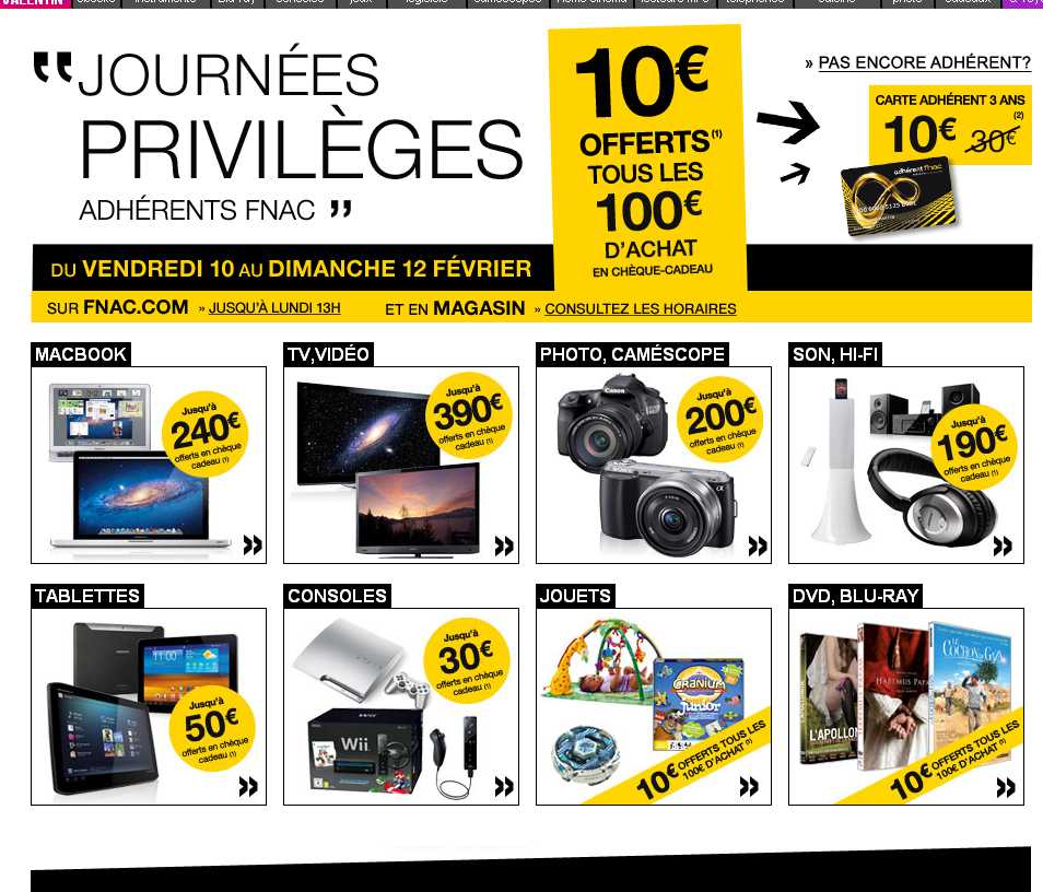 fnac : 10 euros de bon d'achat offerts par tranche de 100 pour les adherents du 10 au 12 fevrier