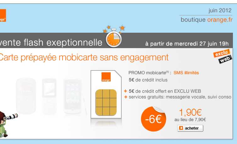 Puce sim prépayée orange mobicarte à 1,90 euros avec 10 euros de ...