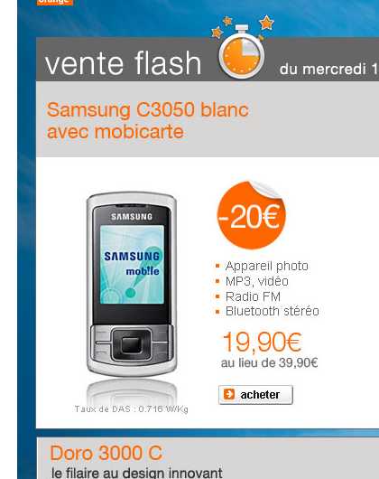 Mobile coulissant samsung c3050 à 19.9 euros port inclu