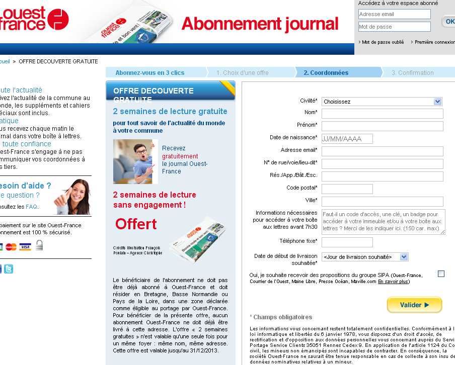 Recevoir gratuitement le quotidien Ouest France 15 jours gratuitement