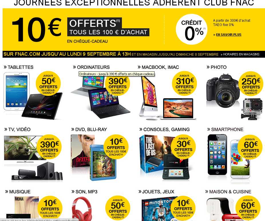Fnac adherents :10 euros de bon d'achat pour 100 d'achats jusqu'au 9 ...