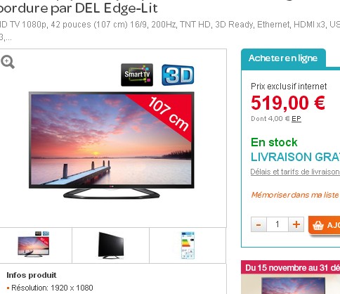 Tv 42 pouces 3D LG qui revient à moins de 450 euros
