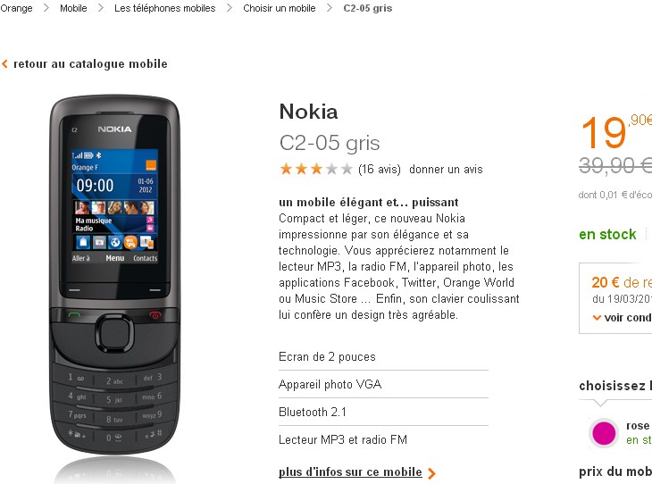 Telephone Nokia c2-05 à 19.9 euros
