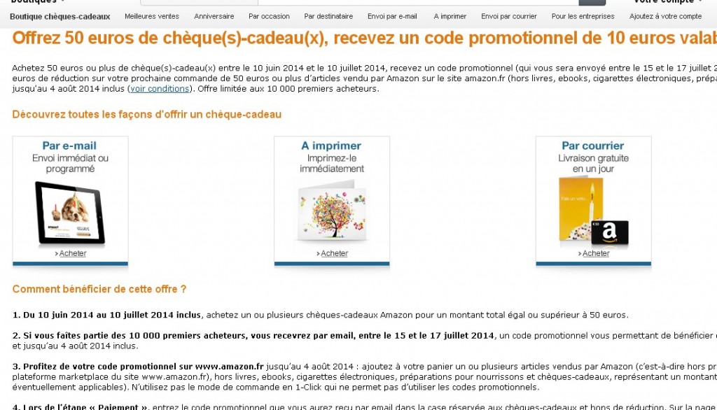 Amazon : 10 euros de bons de reduction offert pour l'achat d'une carte cadeau