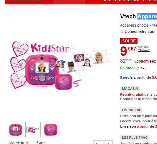 9.67 euros l'appareil photos kidistar de vtech