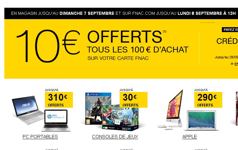 Fnac: 10 euros offerts en bon d'achat par tranche de 100 jusqu'au 8 septembre