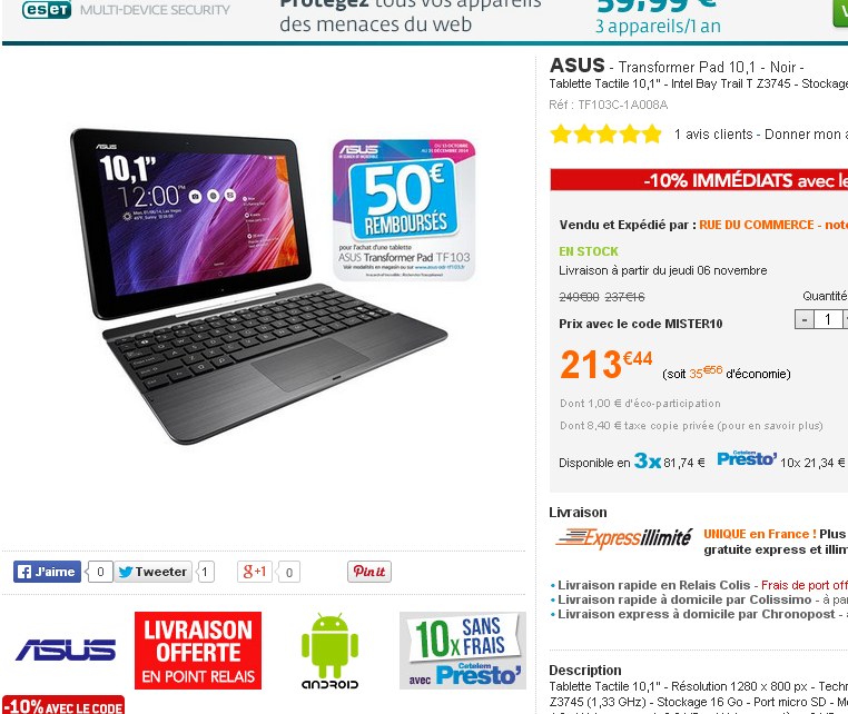 Tablette 10 pouces asus avec dock clavier qui revient à moins de 165 euros