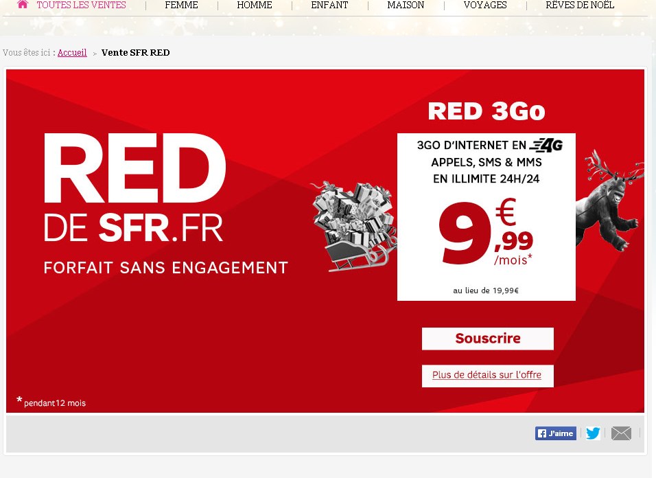 forfat sfr red illimité 3go internet à 9.99 euros par mois