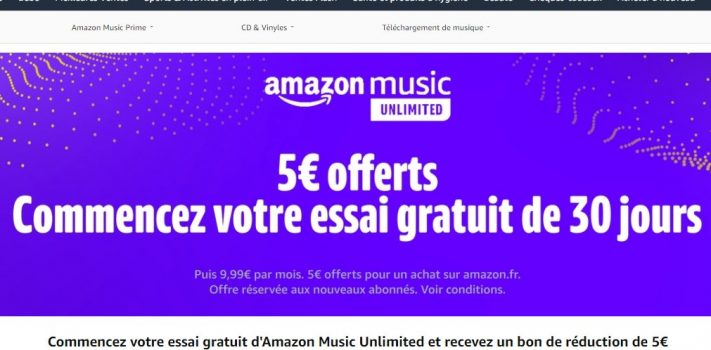 Amazon : code promo de 5€ offerts en testant gratuitement AMAZON MUSIC