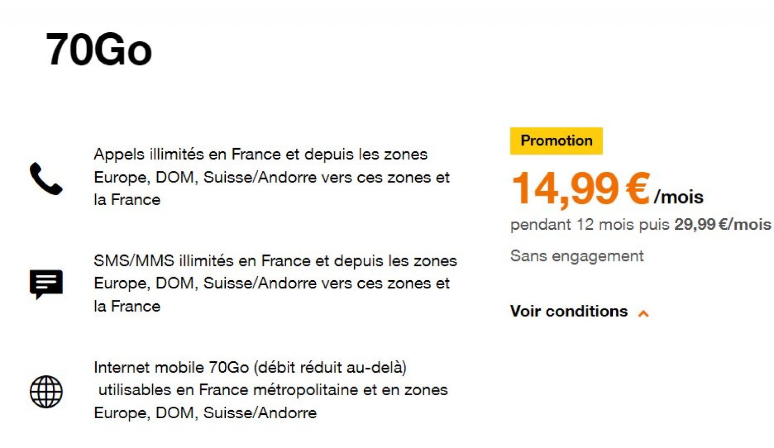Forfait mobile Orange Illimité + 70Go pas cher à 9.99€ par mois !! (sans engagement )