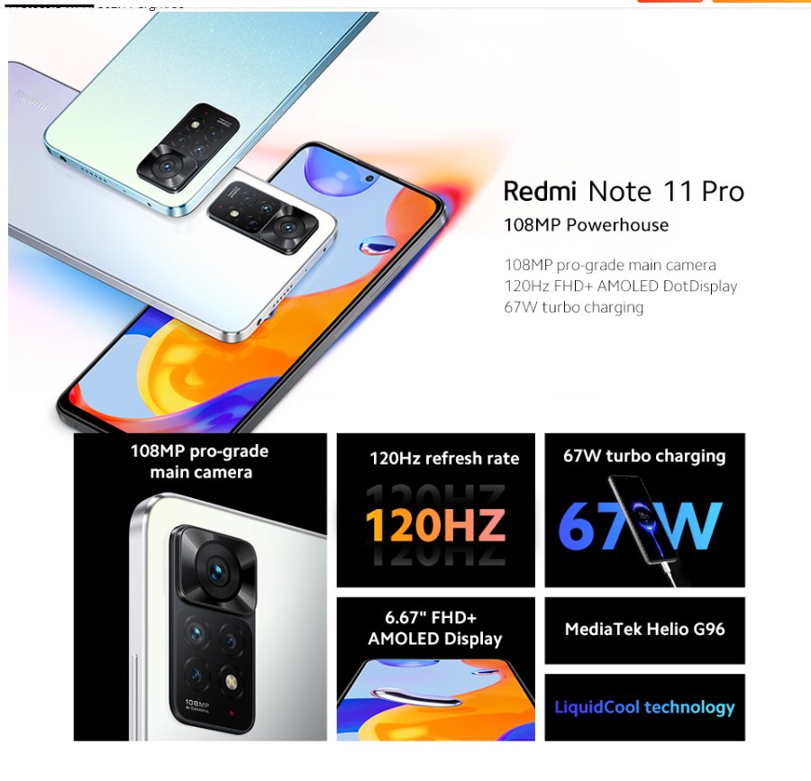 Smartphone XIAOMI REDMI NOTE 11 Pro 4G 6/128go à 215€ , 8/128 à 235€