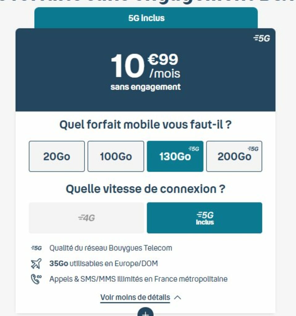 Forfait mobile 130Go 5G pas cher à 10.99€ chez Bouygues Telecom