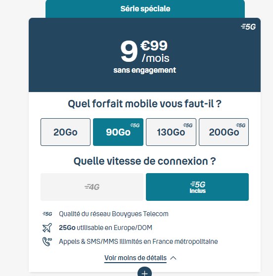 Forfait mobile 90Go 5G pas cher à 9.99€ chez Bouygues Telecom