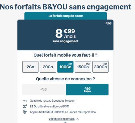 Forfait mobile 100go 5G pas cher à 8.99€ chez Bouygues Telecom / 300go pour 14.99€